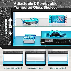 Bestier LED TV Stand for PS5,Modern Gaming Entertainment Center with Cabinet for 60/65 Inch TV,Easily Assemble TV Corner Console with Adjustable Glass Shelf for Living Room Bedroom Black Marble