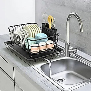 Klvied Dish Rack with Swivel Spout, Dish Drying Rack with Drainboard, Dish Drainers for Kitchen Counter, Dish Strainer with Removable Utensil Holder, Stainless Steel Dish Drainer in Sink, Black