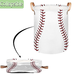 Large Laundry Basket Baseball Texture Laundry Hamper with Leather Handle, Sport Baseball Collapsible Organizer Basket Freestanding Tall Clothes Hamper for Bathroom Bedroom Living Room