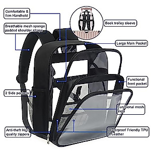KETIEE Clear Backpack Heavy Duty, Stadium Approved Clear Bag Leather with Trolley Sleeve, Large Waterproof Transparent Backpack for Adults Work Travel Sports Concerts (Black)