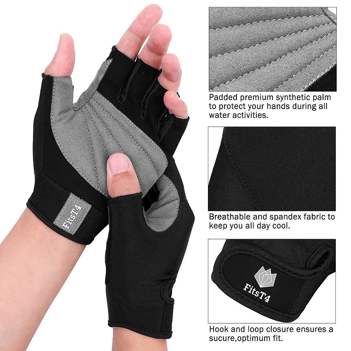 FitsT4 Sports Half Finger Padded Palm Gloves for Diving, Sailing, Jet Skiing, Stand-UP Boarding, Kayaking and Water Skiing, Perfect for Men&Women&Youth
