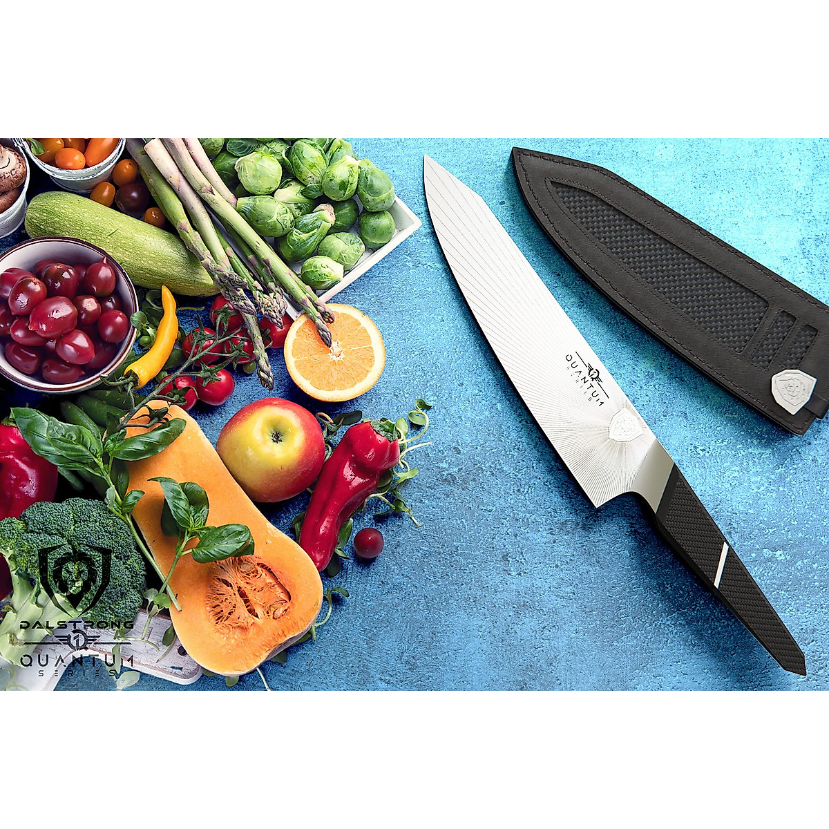 Dalstrong Chef Knife - 8.5 inch - Quantum 1 Series - Ultra-Sharp - American Forged BD1N-VX Hyper Steel - Carbon Fibre G10 Hybrid Handle - Premium Kitchen Knife - Leather Sheath