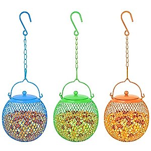 Urban Deco Set of 3 Ball Bird Feeder Metal Bird Feeders Squirrel Proof Bird Feeders for Bird Seed Birdfeeders Outside Hanging Decoration Garden Feeder, Green, Blue Orange