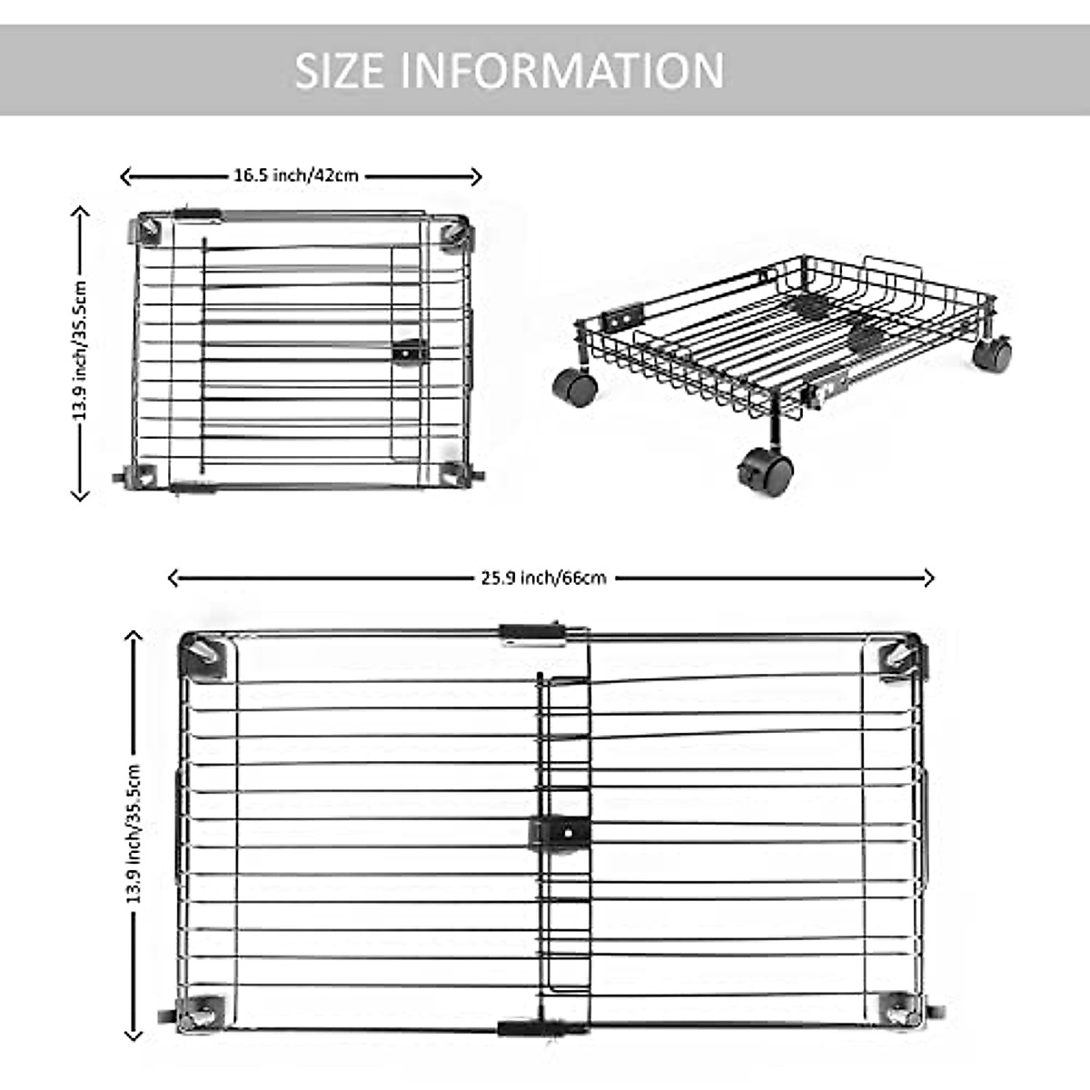 Expandable Rolling Basket Under Bed Storage Container with Wheels - Rolling Metal Storage Basket for Kitchen, Pantry, Garage Storage Organization Small Storage Bin Expandable (2 sizes) to 26 Inches