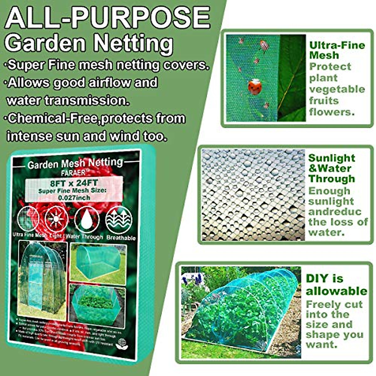 Garden Barrier Netting, Plant Covers 8x24ft Extra Fine Mesh 30% Sun Net Green Sunblock Mesh Shade Protection Netting for Vegetable Fruits Flowers Crops Row Cover Raised Bed Screen Against Birds Animal