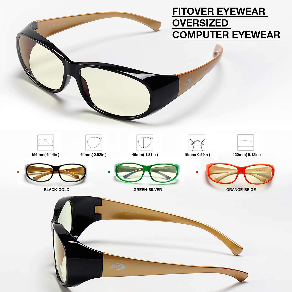 AHT Fit Over Blue Light Blocking Glasses Computer Gaming Eyeglasses for Women and Men, Fitover Your Prescription or Reading Glasses, Sleep Better, Reduce Eye Strain(Black-Glod)
