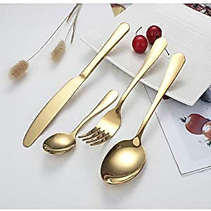 Lightahead 24pcs Stainless Steel Flatware Tableware Premier Quality Gold Colored Cutlery Set in attractive GoldenGift box (Golden)