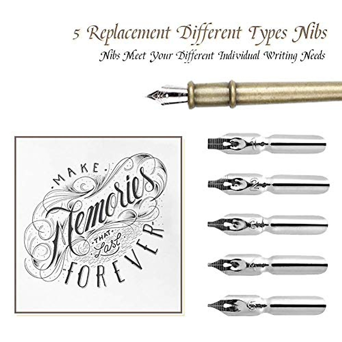 Calligraphy Feather Pen Set- Vintage Writing Feather Quill Pen Ink Set- 5pcs Metal Pen Nib Wedding Gift Set (Compass Box Feather Pen)