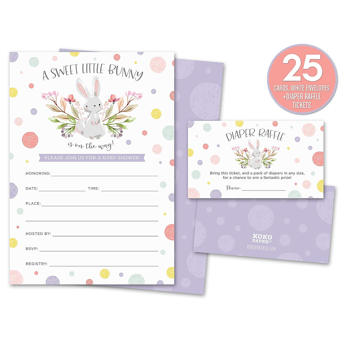 Koko Paper Co Sweet Little Bunny Baby Shower Invitations and Diaper Raffle Tickets | Pack of 25 Fill-in Invitations, Diaper Raffle Tickets and Envelopes | Printed on Heavy Card Stock.