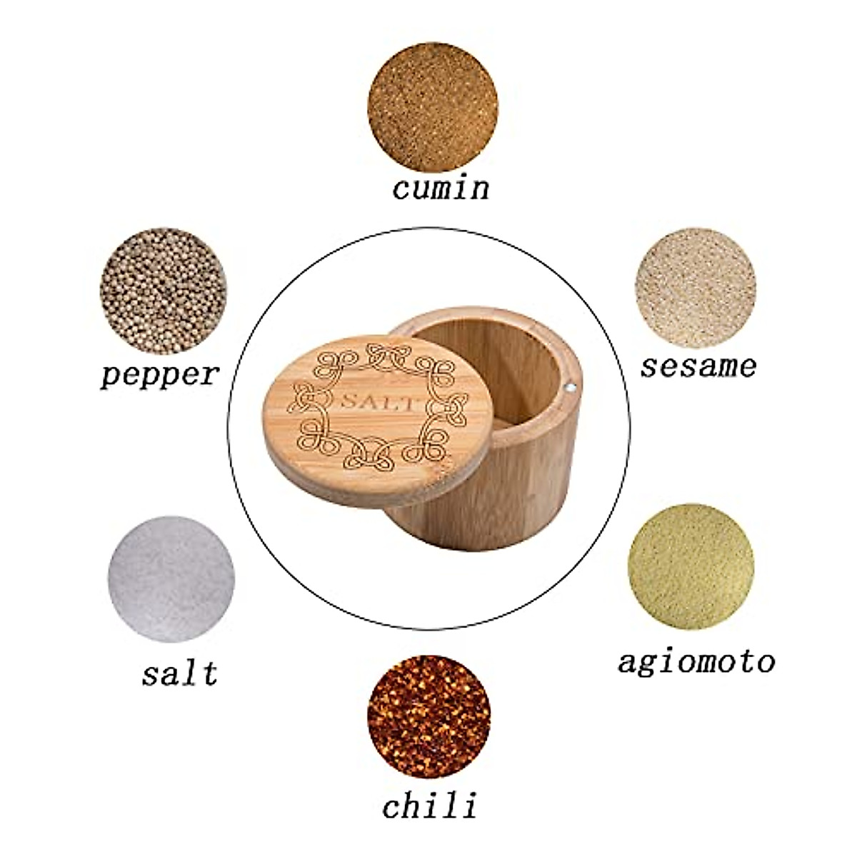 TENSITY Salt Box, Bamboo Storage Box with Magnetic Swivel Lid, Bamboo Seasonings Box with Mini Spoon (Celtic Knot)