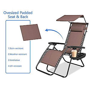 Zero Gravity Chairs Set of 2 Clearance with Sunshade Canopy and Cup Holder Tray Padded Adjustable Antigravity Lounge Folding Chair Patio Lounge Chair for Outdoor, Camping, Patio, Lawn, Brown