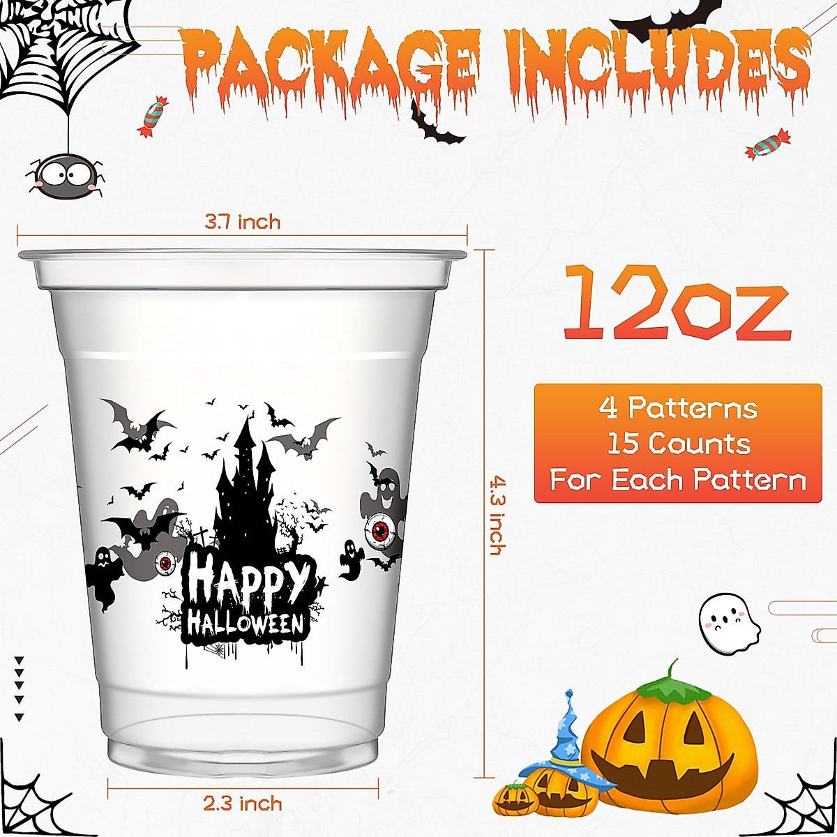 Halloween Party Cups Happy Halloween Disposable Clear Plastic Cups Printed Party Cups for Party Decoration Trick or Treat Supplies Drinkware Beer Beverage Ice Cream Snacks, 12 oz (40 Count)