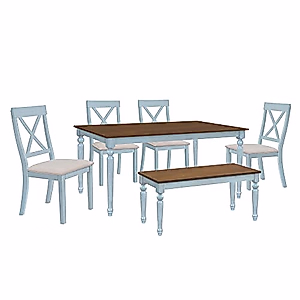 Merax Dining Table Sets, 6 Piece Dining Table Set with Bench, Wooden Kitchen Table Set with 4 Padded Dining Chairs, Home Furniture Dining Set, Walnut+Blue