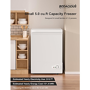 Bodacious Ultra Quiet Deep Freezer - 5.0 Cu Ft Compact Chest Freezer with Fast Freeze Performance, Low Power Consumption, Ideal for Home, Restaurant, and Small Shops