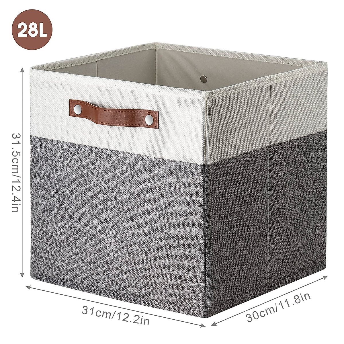 Lonian Set of 2 Foldable Cotton Flax Storage Boxes Bins with Leather Handle, Collapsible Storage Cube Organiser for Nursery Baby Kids Room Toys Home Shelving – 30.5x30.5x30.5 cm