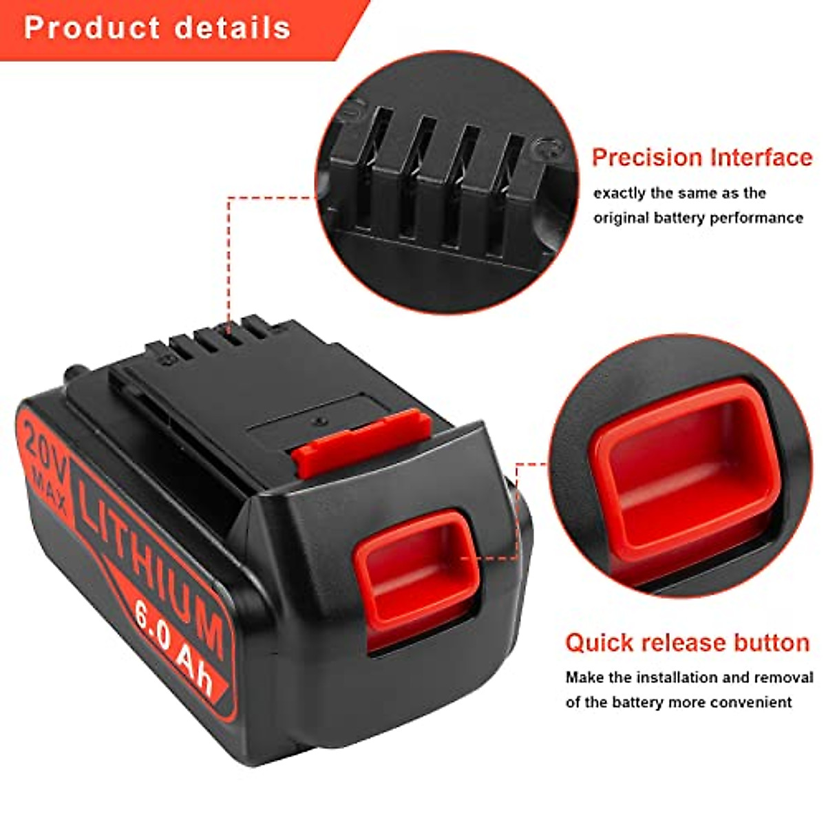 [1Pack] 6.0Ah HIGH Output Long-Lasting 20V Battery for Black+Decker 20 Volt LB20 LBX20 LBXR20 LBXR20B LBXR2020 LBX4020 LB2X4020 LST220 Tool Battery