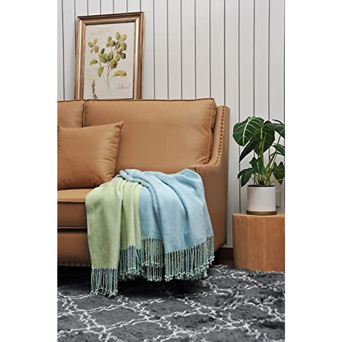 EP Mode Reversible Fringed Mulberry Silk Throw Blanket for Sofa (Crystal Blue/Lime)
