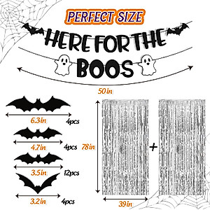 Here for The Boos Party Decorations Halloween Banner Bat Wall Decor Silver Foil Curtains Backdrop Haunted House Horror Theme for Boy Girl Kids Halloween Festival Holiday Black Glitter Party Supplies