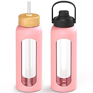 Kodrine Glass Water Bottles with Straw, 32 oz Water Bottle with 2 Lids - Handle Spout Lid & Bamboo Straw Lid, Silicone Sleeve, Wide Mouth, Leakproof, BPA Free(Amber)
