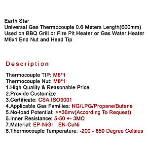 Universal Gas Thermocouple 24" Length Used on BBQ Grill or Fire Pit Heater or Gas Water Heater M8x1 End Nut and Head Tip
