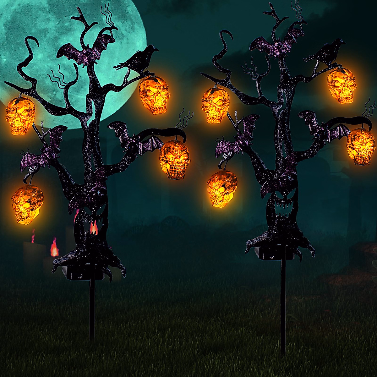 Halloween Solar Light Outdoor Decorations Waterproof 2Pack,Scary Iron Art Pathway Lights Metal Yard Garden Stake Lights Outdoor Lawn Yard Porch Ornaments Bat Skull Tree Party Decor