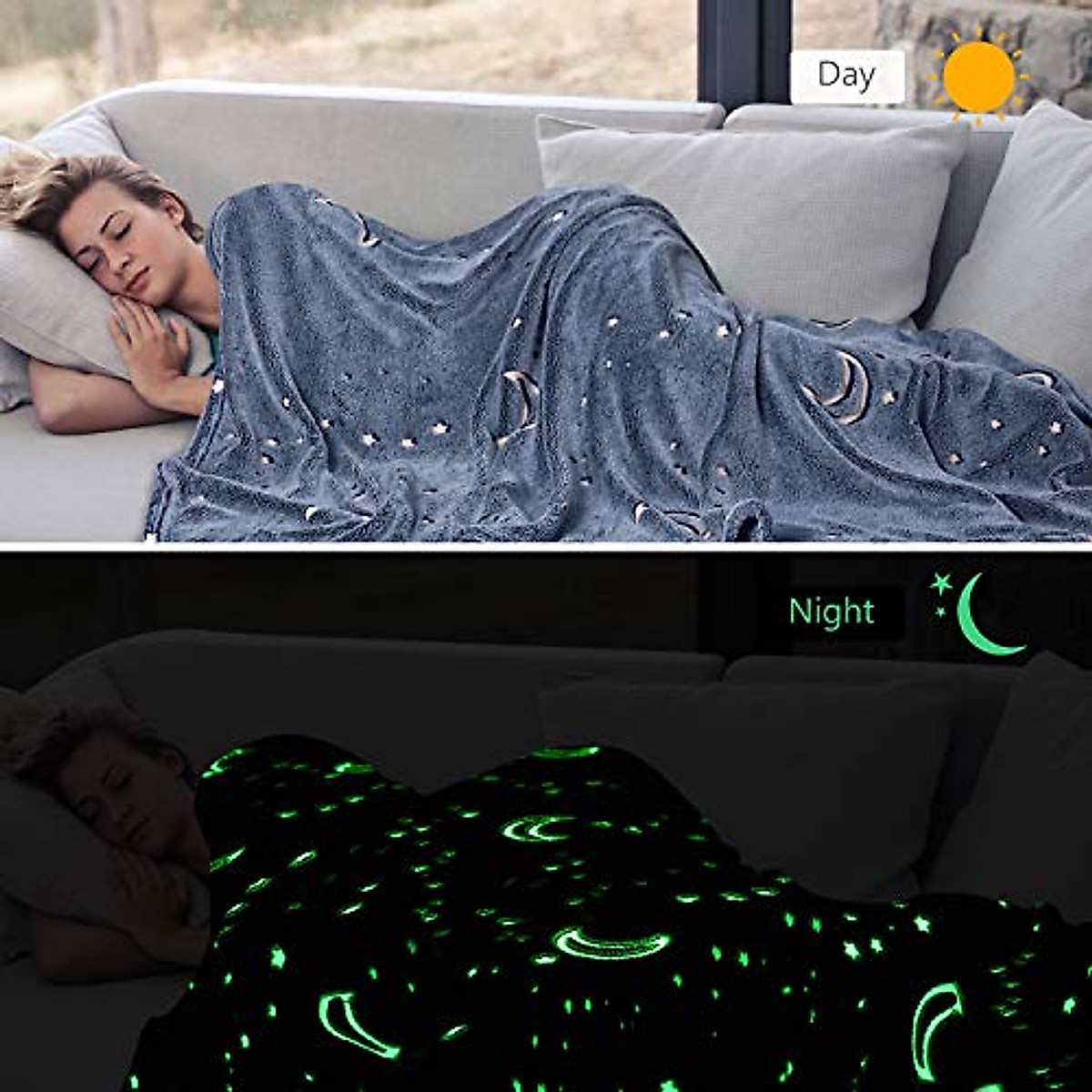 Glow in The Dark Throw Blanket, Moon and Stars Soft Warm Cozy Fuzzy Plush Blanket for Kids Teenage Boys Girls Women Best Friend Birthday Christmas (50 x 60 inches Blue)