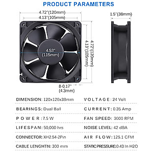 GDSTIME Dual Ball Bearings 1238 Cooling Fan, 120mm x 38mm 24V DC 125CFM Brushless Cooler Fan