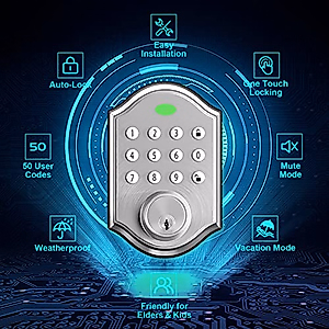 NeuType Keypad Deadbolt Electronic Keyless Entry Door Lock with Handle, Front Door Lock Set with Keypad, Auto Lock, 1-Touch Locking, 50 User Codes, Easy to Install (Traditional, Satin Nickel)
