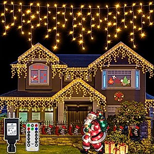 Ollny Icicle Lights Outdoor Warm White, 720LED 60FT Christmas Lights with Remote 8 Modes IP44 Waterproof, Dimmable Connectable Timer Hanging Lights for House Outside Yard Indoor Decorations