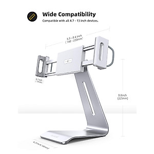 Lamicall Tablet Stand, Adjustable Tablet Holder Dock - 360 Degree Rotating Tablet Mount, Desktop Tablet Dock, Compatible with iPad Pro, Mini, Air, Galaxy Tabs, Kindle and 5.5-8.6" Wide Tablet - Silver