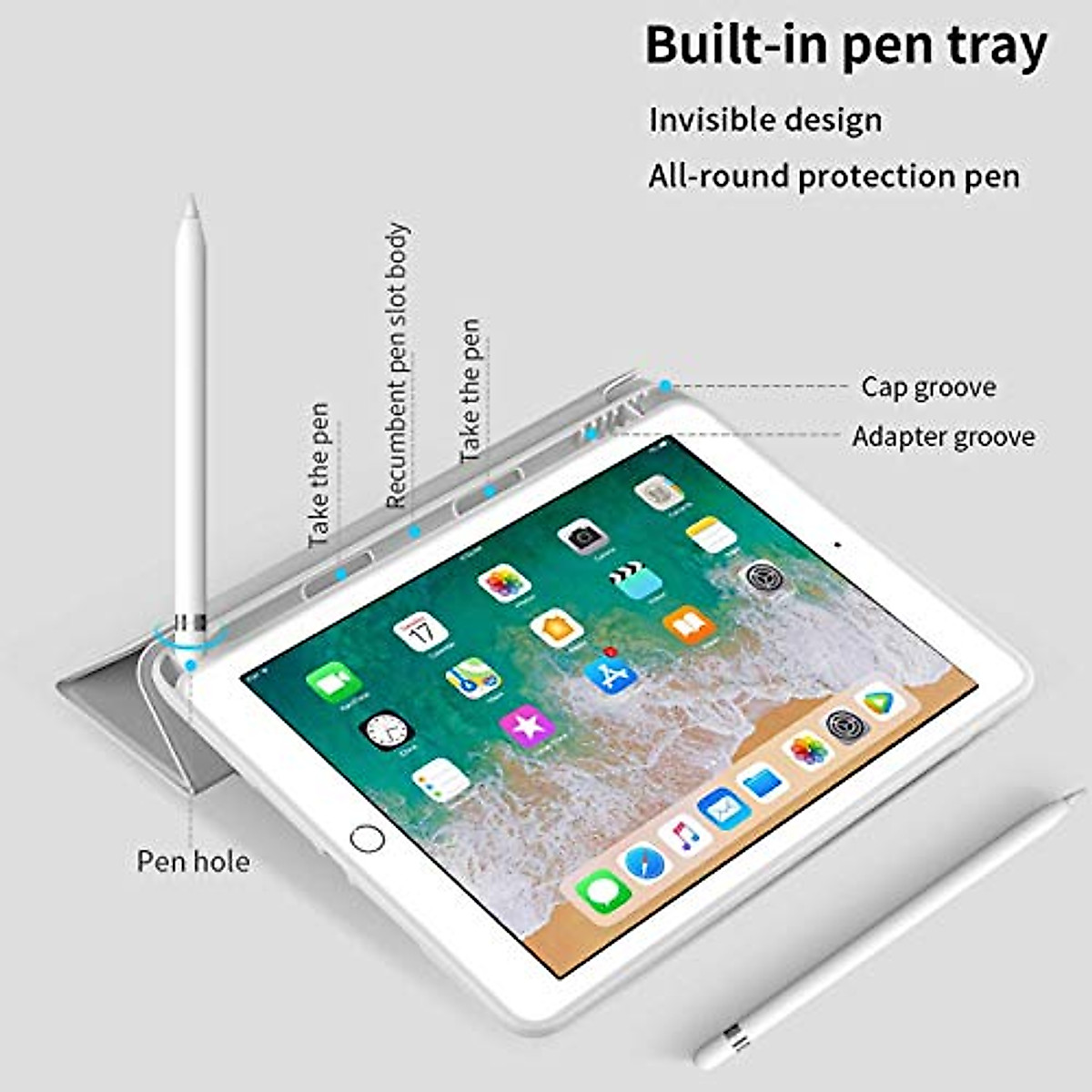 Aoub Case for iPad Mini 5 2019 with Pencil Holder, Slim Lightweight Trifold Stand Smart Cover, Soft TPU Back Cover Case for iPad Mini 5th Generation 7.9 inch, Auto Sleep/Wake (Gray White)