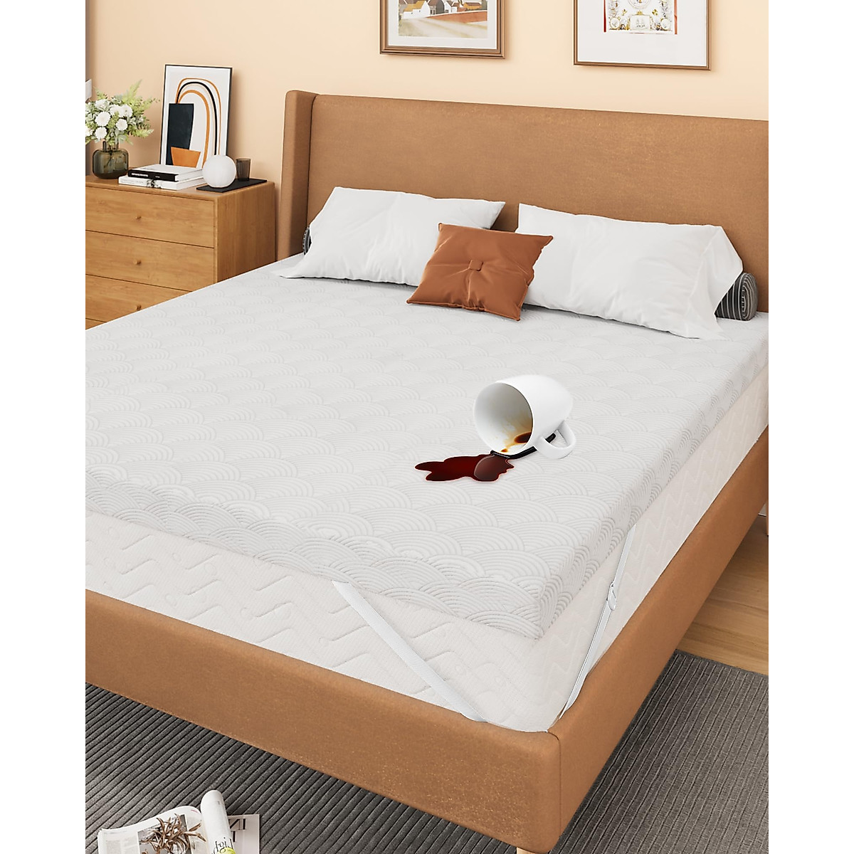 Zenzy 3" Full Waterproof Mattress Topper Cover, [100% Waterproof] [Ultra-Soft] Cover for Mattress Topper, Washable & with Adjustable Straps, Oeko-TEX Certified [Only Cover]- Beige