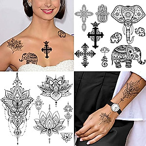EGMBGM 28 Sheets Tribal Black Temporary Tattoos For Women Girls, Waterproof Fake Tattoos Temporary Elephant Ganesha Lace Tattoo Kits, Lotus Mandala Flower Tatoo Sticker Moon Neck Chest Arm Butterfly