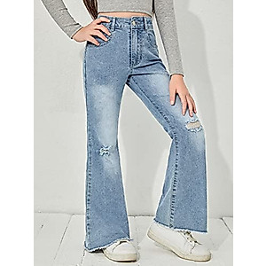 Floerns Girls Casual Ripped Frayed Split Hem Flare Bell Bottom Jeans Denim Pants Light Blue