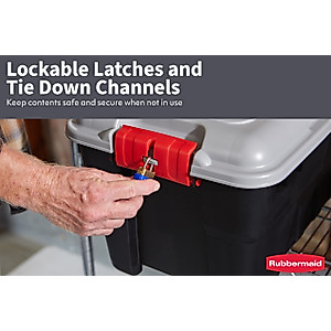 Rubbermaid Pack & Go 16 Gal Storage Tote, Durable Design and Easy to Transport, Built-In Handles, Tie Down Channels and Lockable Snap Tight Lid, Black Base with Gray Lid and Red Handles, Pack of 3