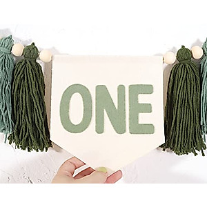 Greenery 1st Birthday High Chair Banner,Nature 1st Birthday Highchair Banner , One Birthday High Chair Banner , Tassel Bunting , Wooden Tassel Garland (Greenery 1st Birthday Banner Green)