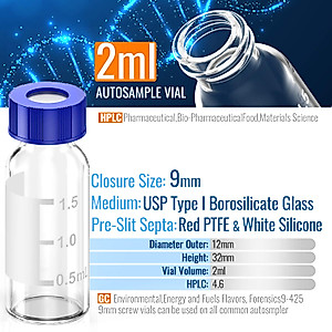 Autosampler Vials, 100 Pcs Sample Vials 2ml HPLC Vials 9-425 Vial Clear Glass Bottles with Write-on Spot and Graduations and 100 Pcs 9mm Blue ABS Screw Caps by Ks-Tek