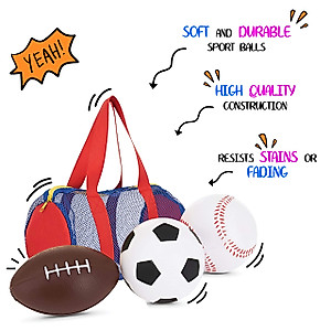 Neliblu Large Balls for Little Kids - Fun Set of 3 Sports Balls in Convenient Storage and Carry Bag - Includes 5" Baseball, 5" Soccer Ball, 8" Football - Perfect for Outdoor and Indoor Safe Play