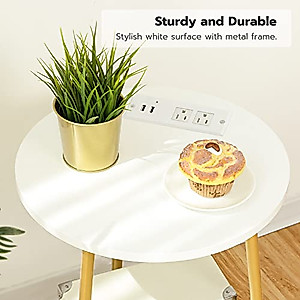 HOOBRO Round End Table with Charging Station, 2-Tier Small Side Table, Circle Accent Table for Living Room, Bedroom, White and Gold DW671BZ01