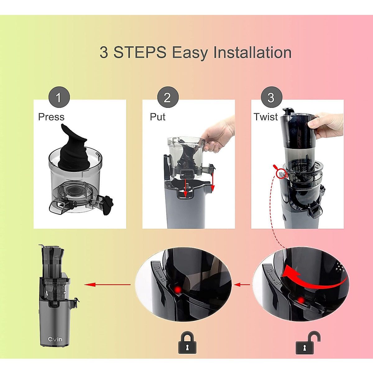 Qvin Compact Slow Masticating Juicer machines 3inch Large Feed Chute, Easy to Clean, BPA Free, 200W Nutritional electrical Cold Press Juicer machine vegetable and fruit,Deluxe Silver-gray