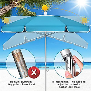 Portable Beach Umbrella for Sand: 7FT Arc Length 6.5FT Diameter Outdoor Umbrella with Anchor Heavy Duty and Adjustable Tilt Pole - UV 50+ Windproof Beach Umbrella with Carry Bag for Beach, Patio, Garden