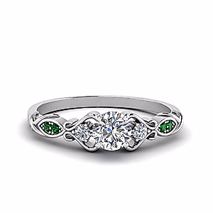 CaratYogi Victorian Style Round Engagement Ring Sterling Silver Created Emerald Round Shape Green Color Vintage Engagement Rings Prong Setting in Size 11 Handcraft Chakra Healing