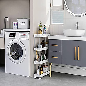 MELDEVO 4 Tier Slim Storage Cart Mobile Shelving Unit Organizer Slide Out Storage Rolling Utility Cart Tower Rack for Kitchen Bathroom Laundry Narrow Places, Plastic & Stainless Steel, White