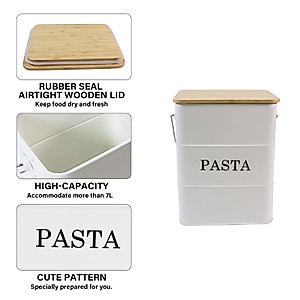 Gdfjiy Spaghetti Canister, White Metal Pasta Storage Container with Sealed Bamboo Lid & Portable Handle, Pasta Keeper Spaghetti Containers Storage for Pantry Organization