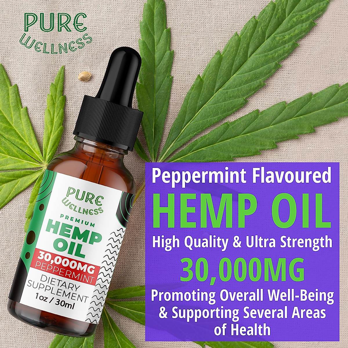 Organic Hemp Seed Oil (4 Oz), Peppermint Flavor, High Potency 30,000 mg - Natural Pain Relief, Helps Sleep, Relaxation & Mood, Transparent Hemp Oil Dosage, Non-Habit Forming - Non-GMO, Vegan