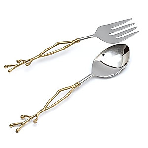 Twig Salad Servers Brass & Stainless Steel, Fork & Spoon Set Leaf Design, Two Tone Ideal for Weddings, Dinner Parties, Elegant Flatware, Housewarming Gifts, Stainless Steel Mirror Polished (Gold Twig)