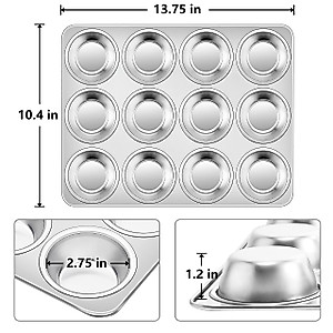 Homikit Muffin Pan Set of 2, Stainless Steel Cupcake Tin Pans with 12 Regular Size Cups for Oven Baking, Deep Metal Muffin Tray Molds Great for Home Kitchen, Rust Free, Dishwasher Safe