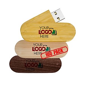 Possibox Custom Swivel Wooden USB 2.0 Flash Drive 16GB Imprinted or Engraved with Your Logo - Bulk Wholesale Promotional - 100 Pack