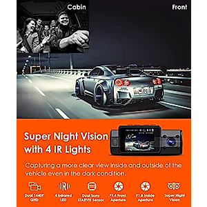 Vantrue N2S 4K Dash Cam with GPS, Front and Inside Dual 2.5K 1440P, IR Night Vision Uber Car Camera, 24/7 Recording Parking Mode, Motion Detection, 256GB Supported