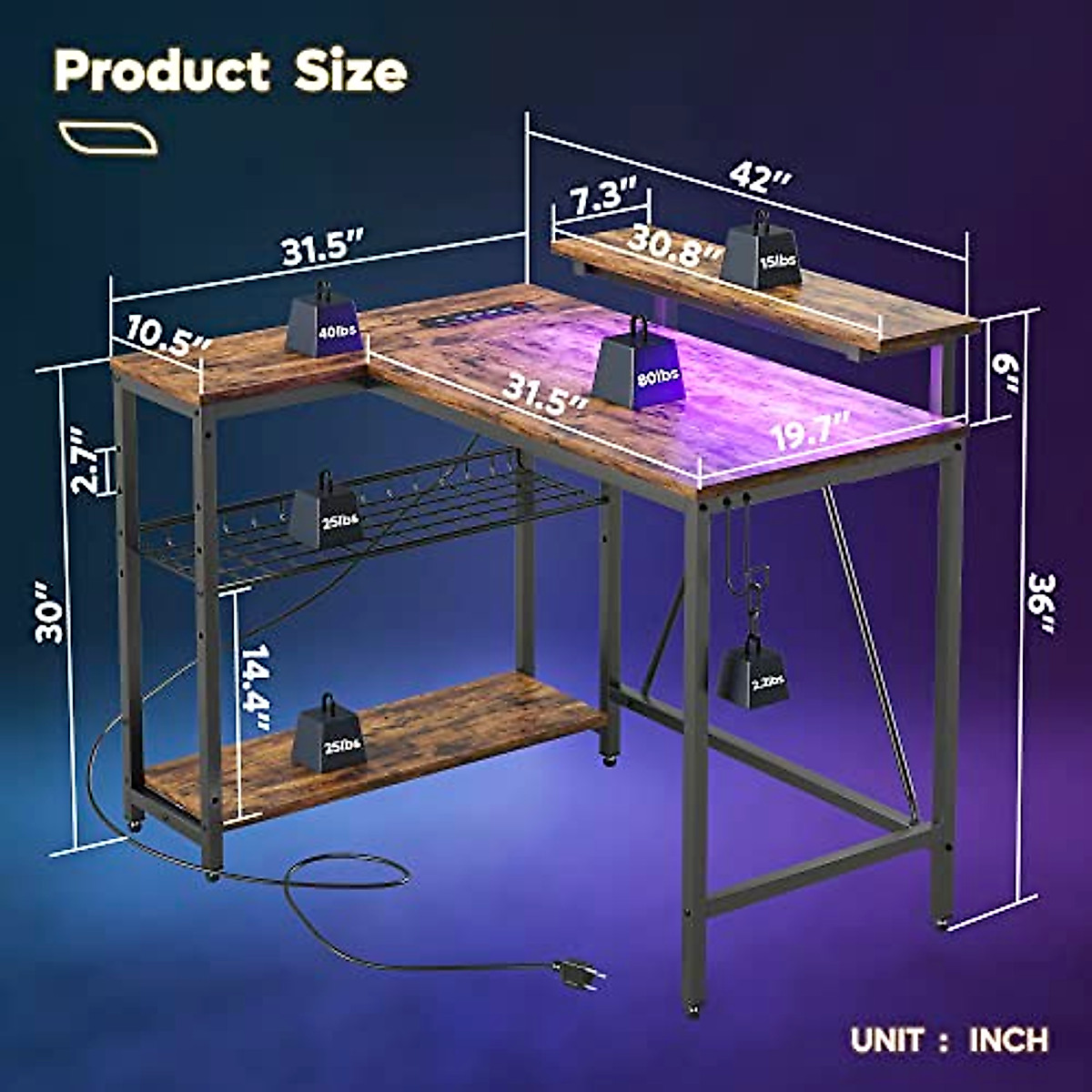 Bestier Small L Shaped Desk with Charging Port & LED Strip,Modern Computer Desk with Reversible Storage Shelves,Corner Desk with Hooks for Bedroom Office Studio Workstation,Rustic Brown